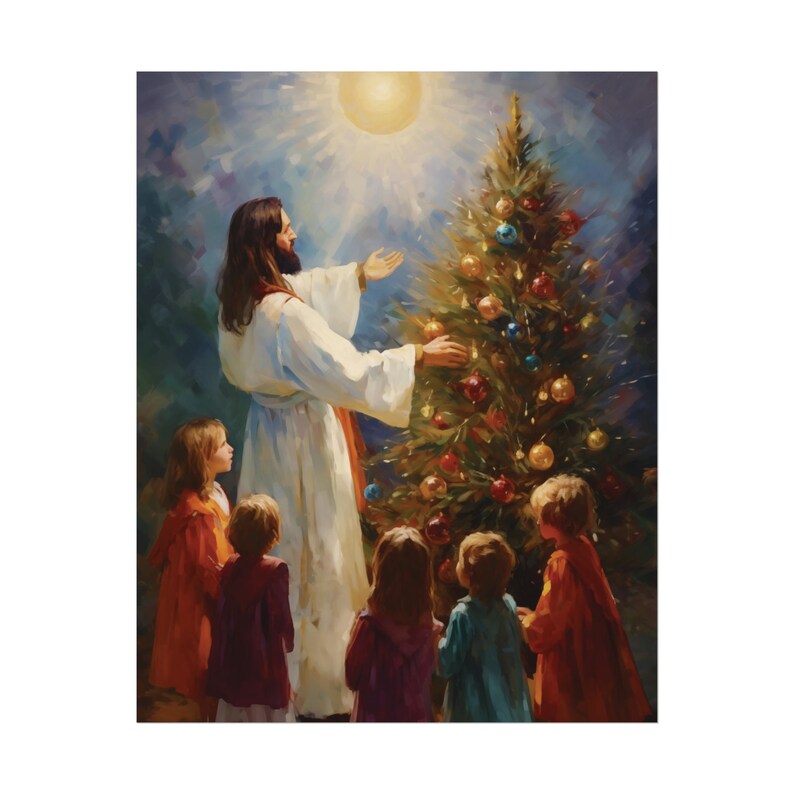 Jesus Christ and Children Decorating a Christmas Tree Holiday Painting ...