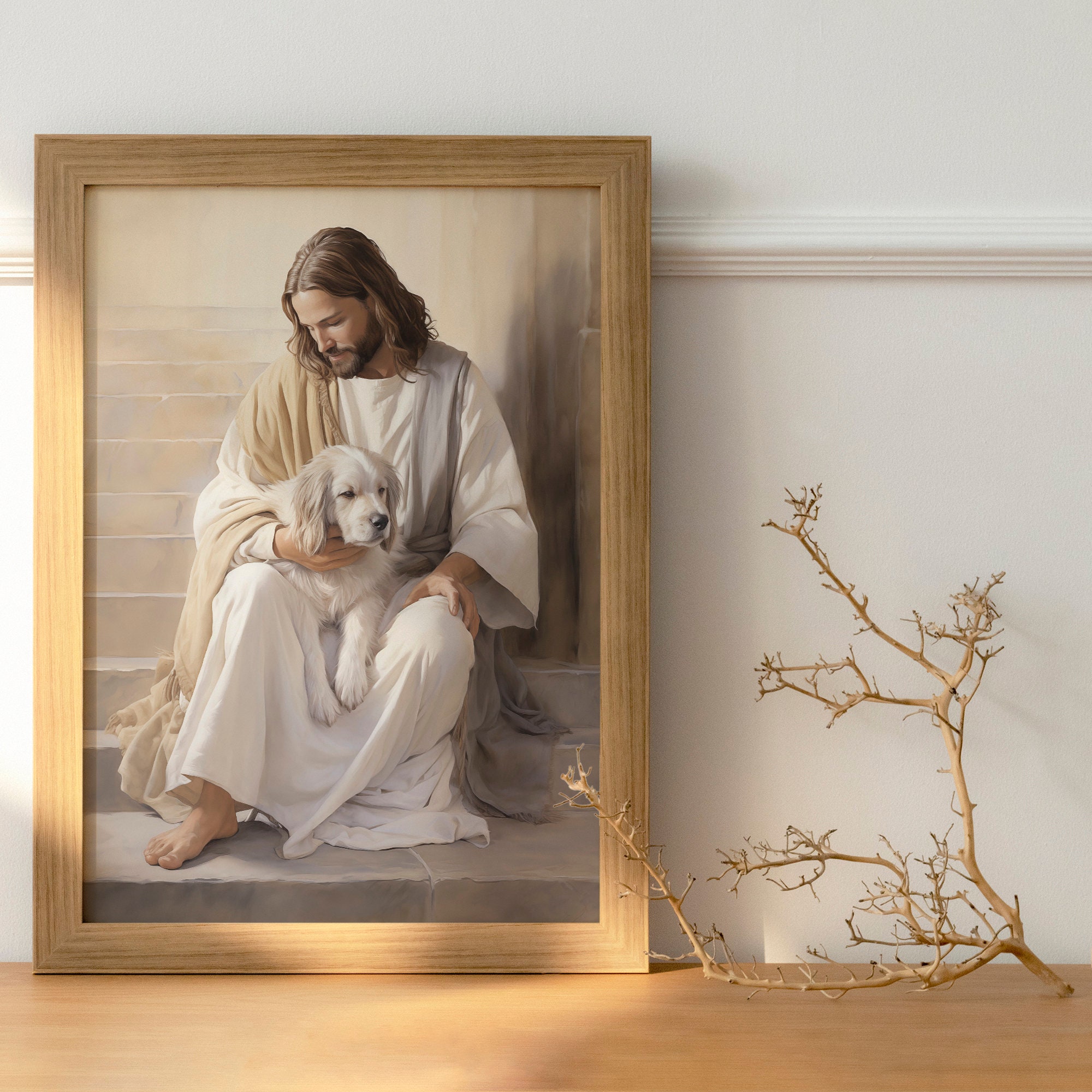 Jesus Christ With a Golden Retriever Puppy, Watercolor Christian Home ...