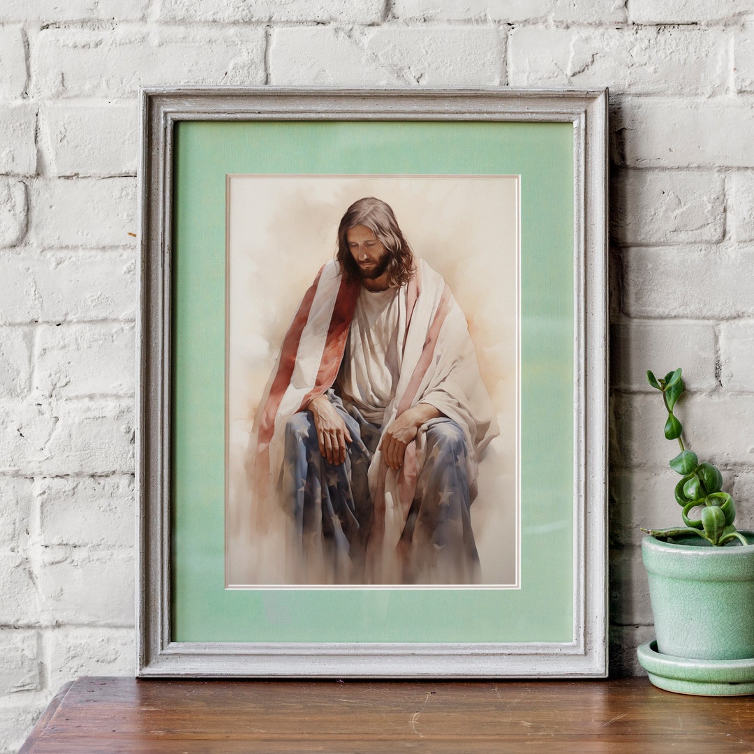 Sitting Jesus Christ Wrapped in the American Flag A Printable Patriotic ...