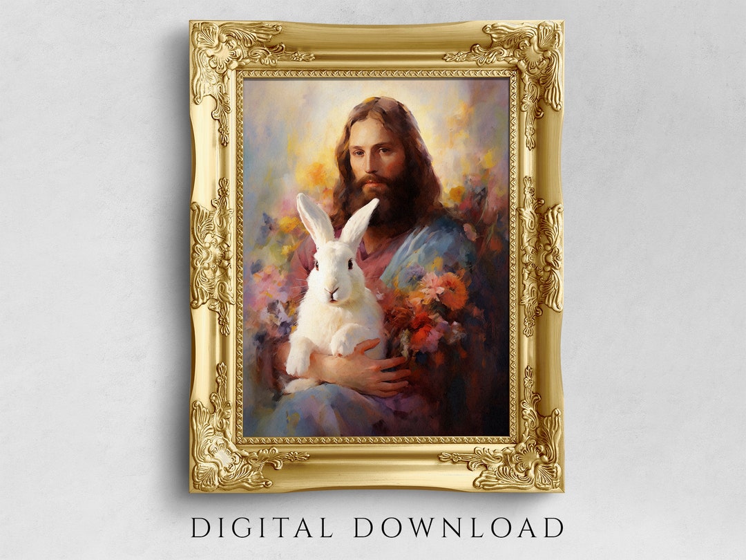 Jesus Christ Holding White Rabbit, Inspired by Biblical Stories, Easter ...