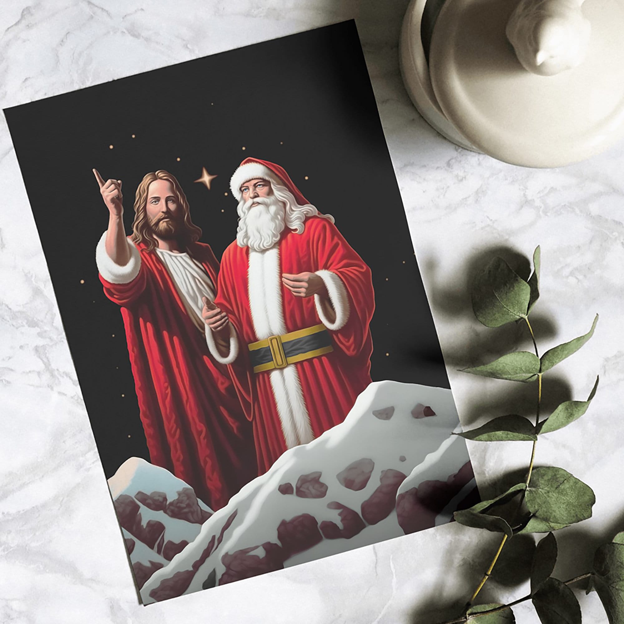Jesus Christ and Santa Claus at the Noth Pole, Festive Holiday Art for ...