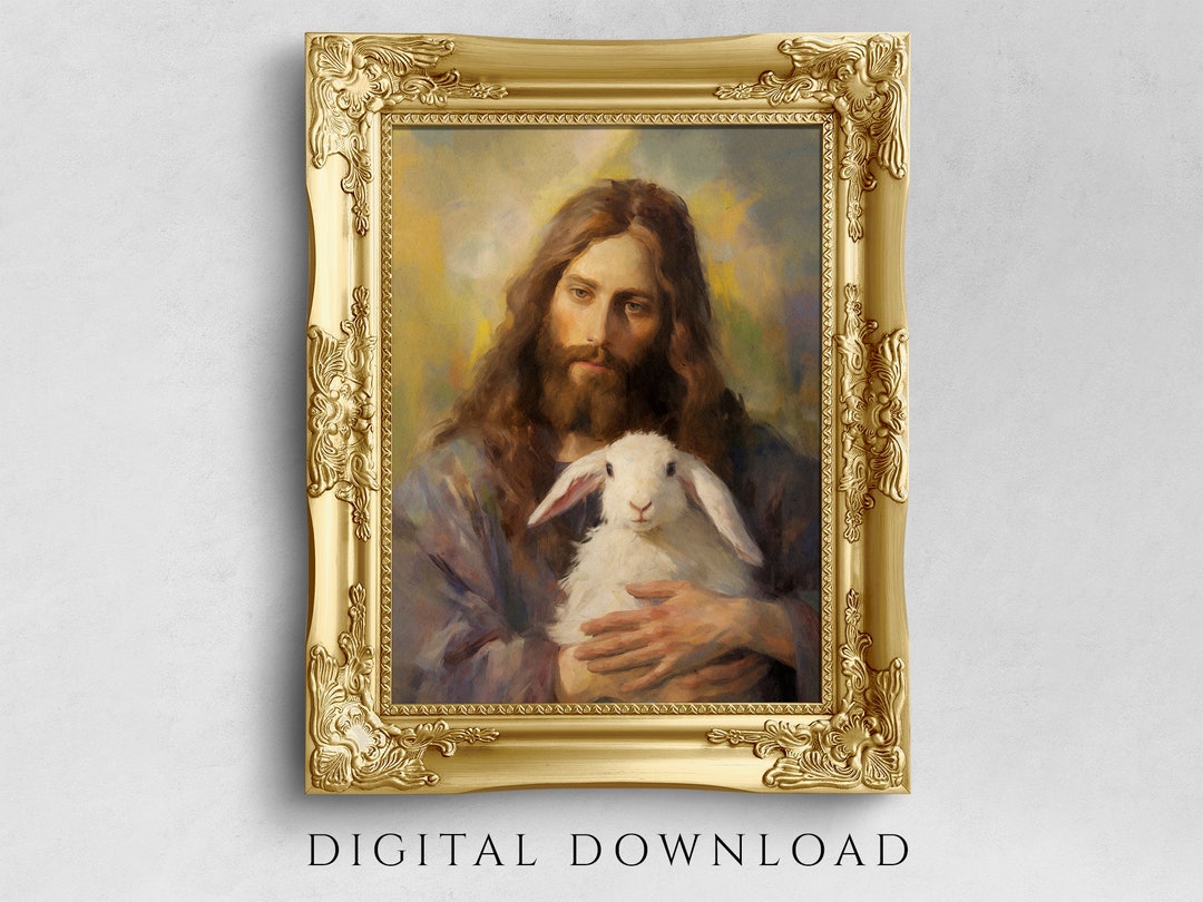 Jesus Christ Holding White Rabbit, Inspired by Biblical Stories, Easter ...