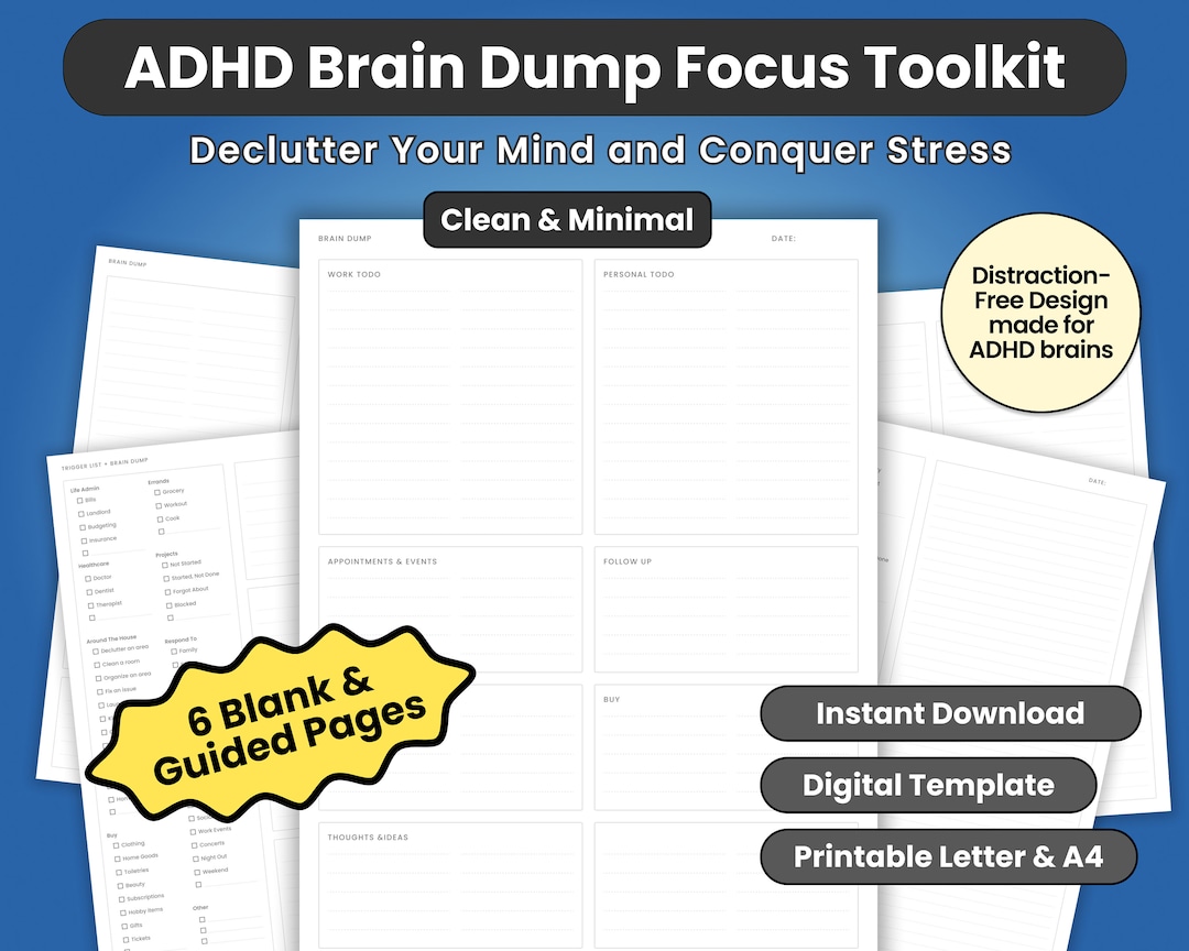 ADHD Brain Dump Printable and Digital - Blank Structured Minimal ...