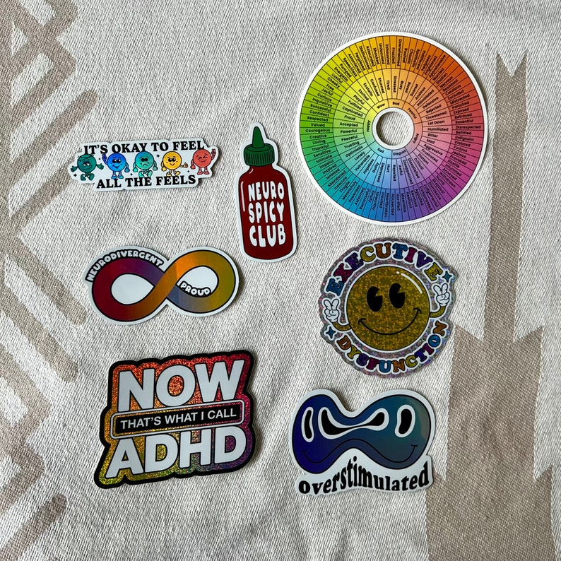 Funny ADHD Neurodivergent Sticker Pack, Feelings Wheel, Holographic ...