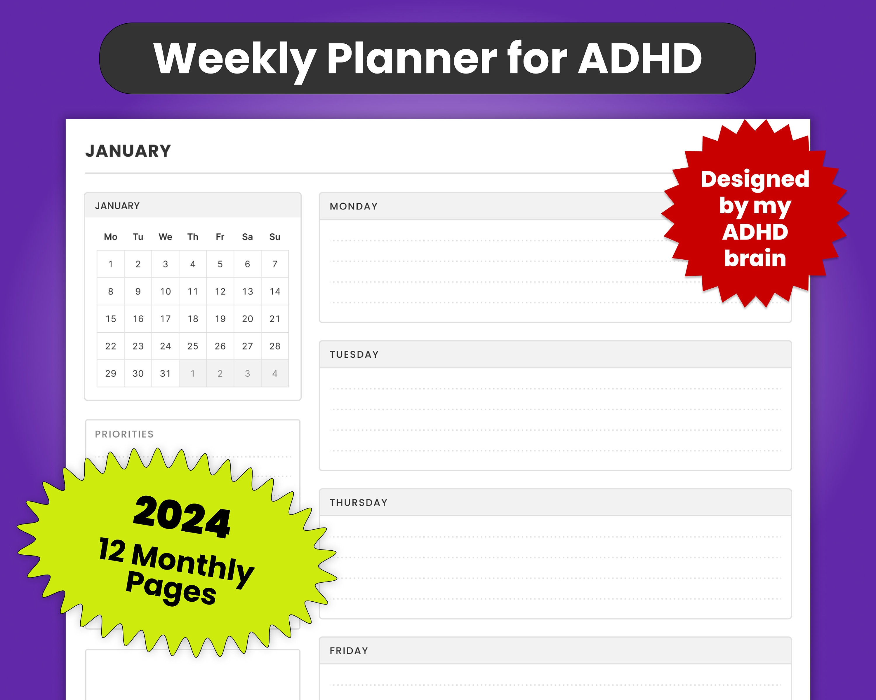ADHD Weekly Planner Printable Undated 2024 Minimalist Weekly Schedule ...