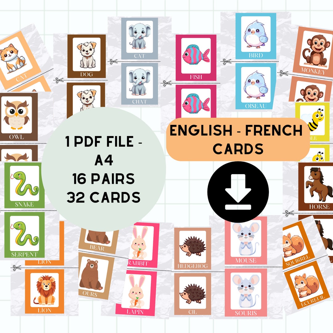 English French Flashcards Memory Cards for Kids Homeschooling Learning ...