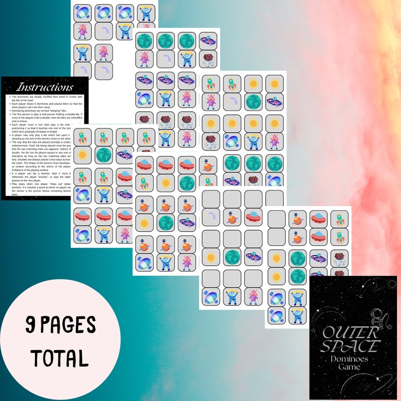 Outer Space Dominoes Printable Games for Kids Family Friends Holiday ...