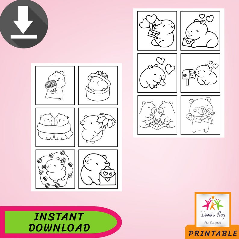 Valentine Capybara Mini Coloring Pages: Printable Activity PDF & PNG ...