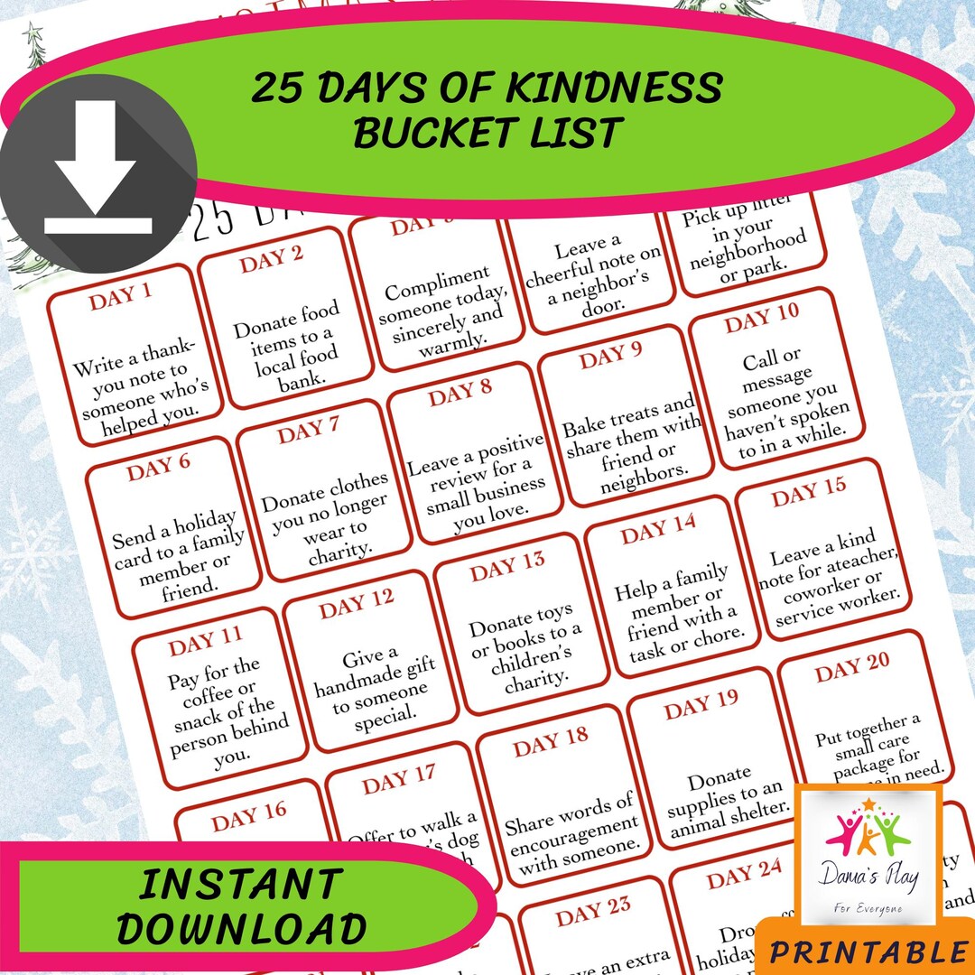 Printable Christmas Kindness Challenge: Bucket List for 25 Days PDF ...