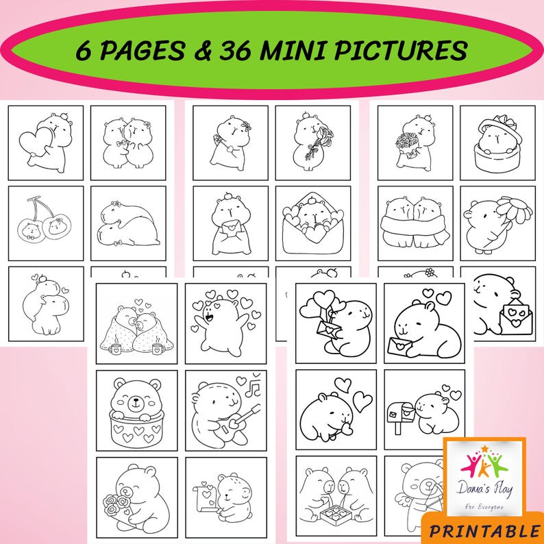 Valentine Capybara Mini Coloring Pages: Printable Activity PDF & PNG ...