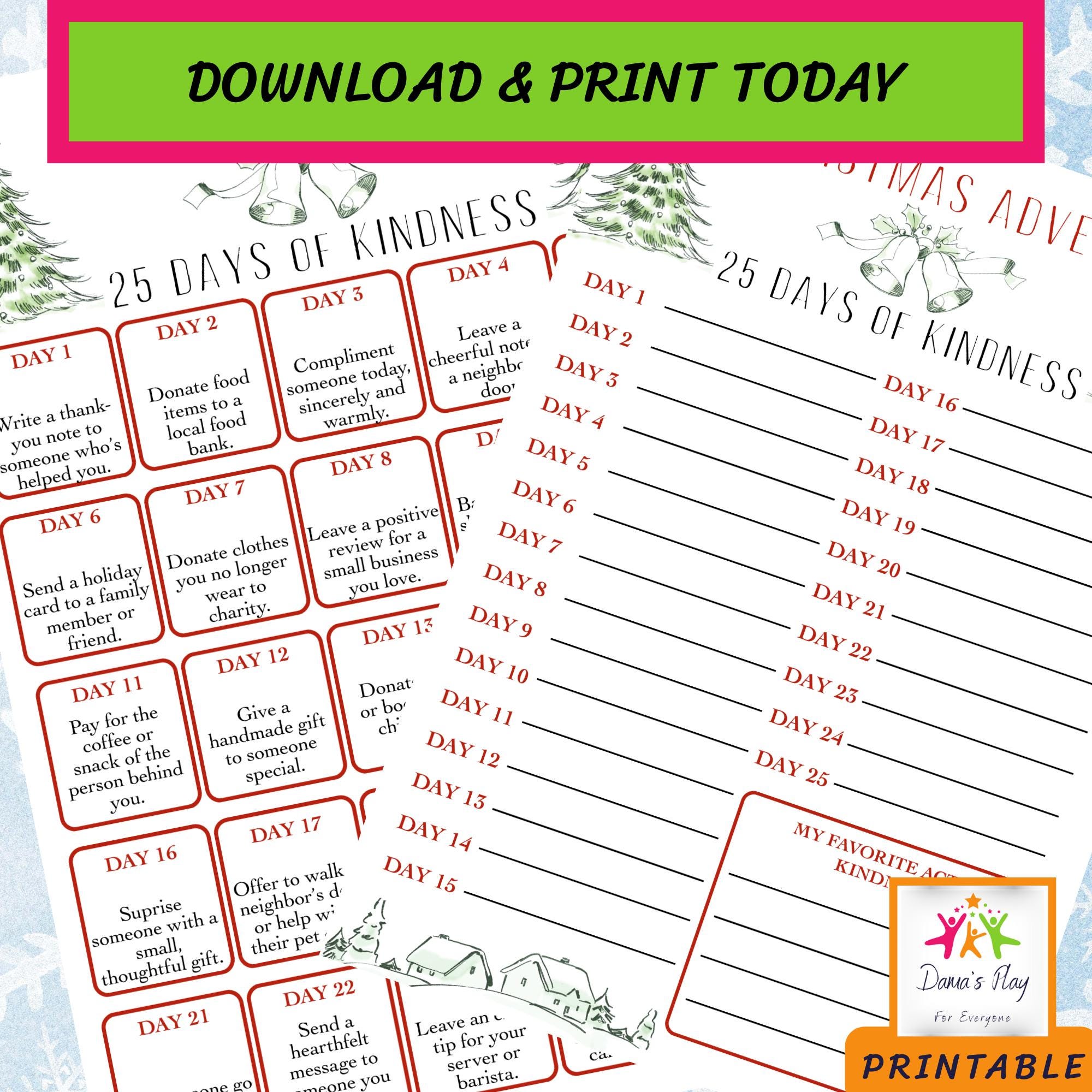 Printable Christmas Kindness Challenge: Bucket List for 25 Days PDF ...