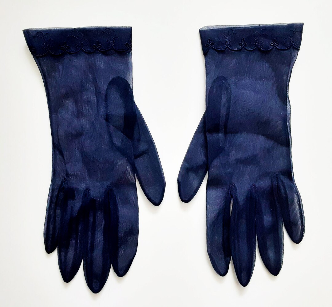 1950s Sheer Navy Blue Gloves Embroidered Cuffs - Etsy