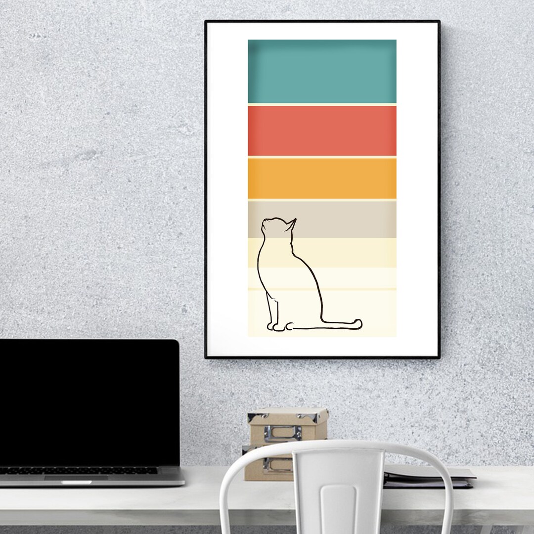 Tall Striped Retro Cat Print, Cat Lover Art, Bedroom Decor, Multiple ...