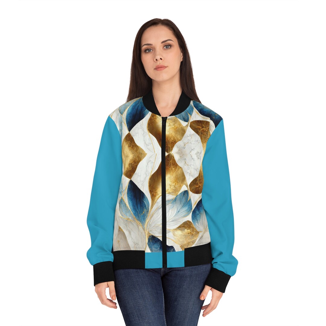 Women Bomber Jacket, Mesmerizing Design, Polyester Blue and Gold Jacket ...