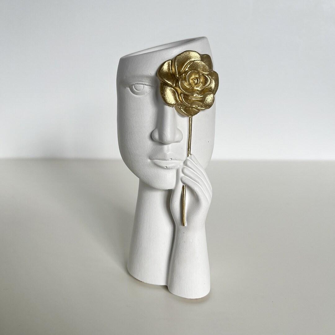 Handmade Gypsum Vase | Nordic Girl Bust With Golden Rose - Etsy