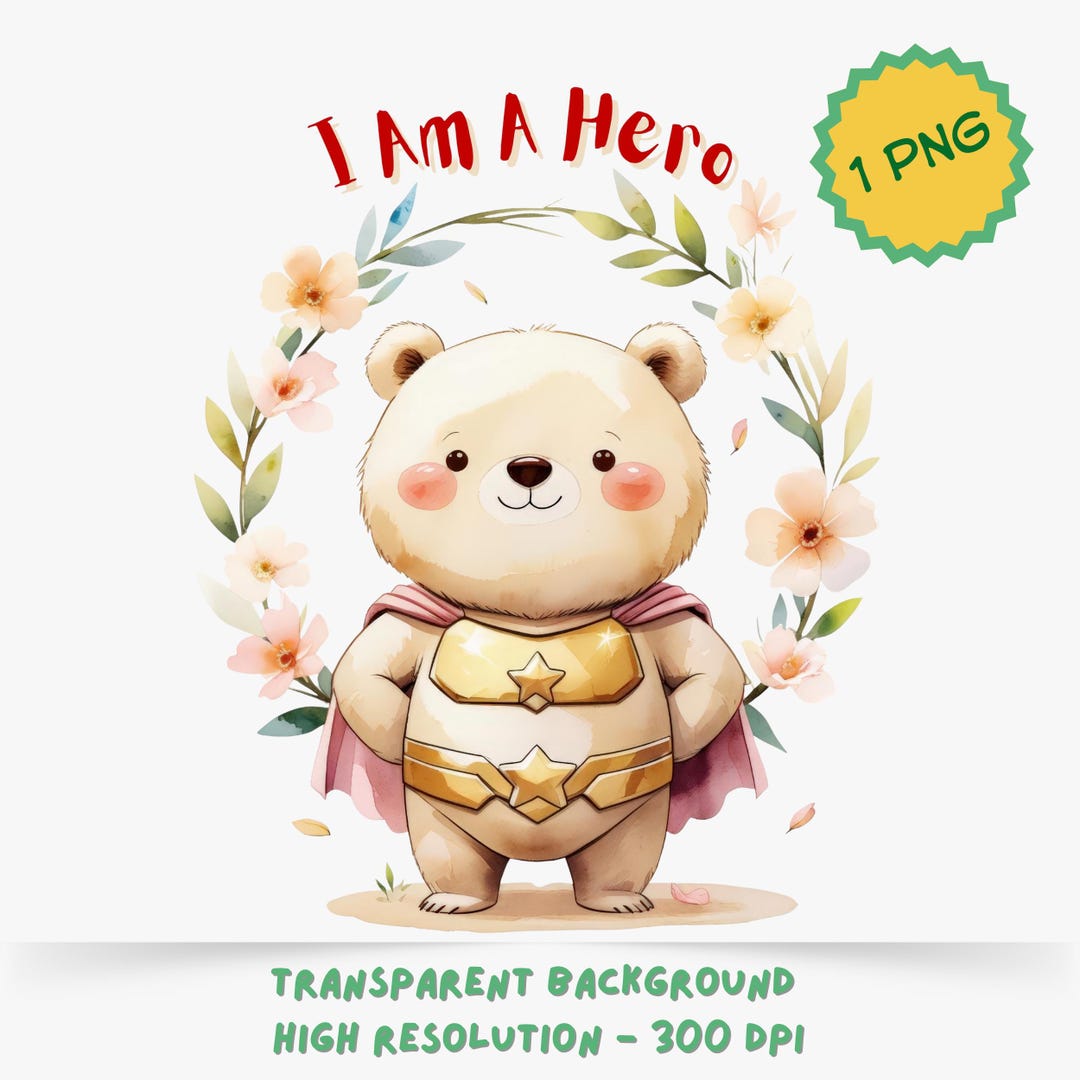 Watercolor Bear Clip Art: Hero Cub PNG for Nursery Decor (digital ...