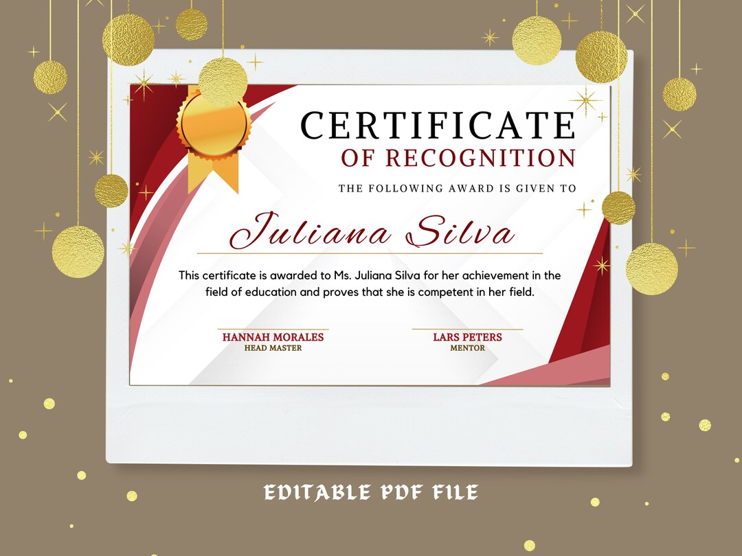 Editable Certificate of Recognition Template Editable Printable ...