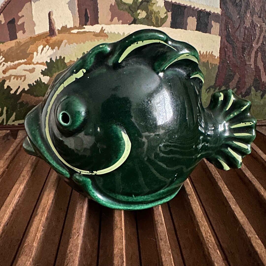 Emerald Green and Yelllow Ceramic Fish Wall Pocket, Planter, 1950’s ...