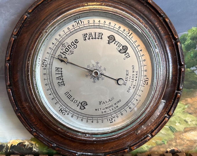 Vintage British Made Aneroid Barometer Set in a Solid Oak Carved Frame ...