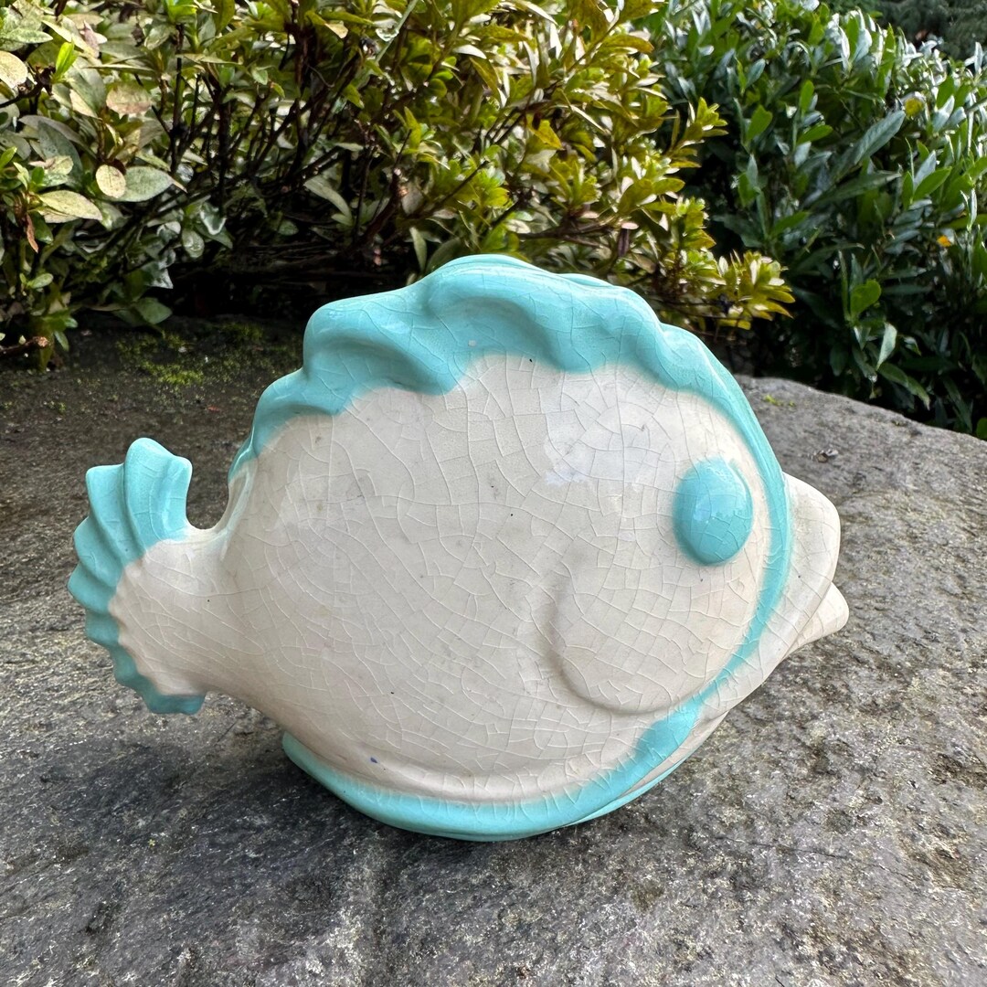 Vintage Ceramic Fish Planter, Mid Century Modern, Blue and White, Beach ...
