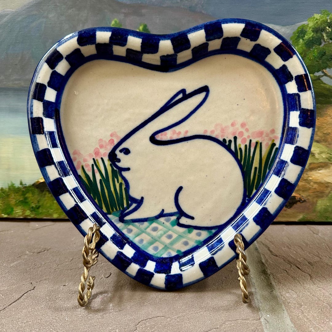 Vintage Debbie Dean Pottery Heart Shaped Bunny Rabbit Plate, Folk Art ...