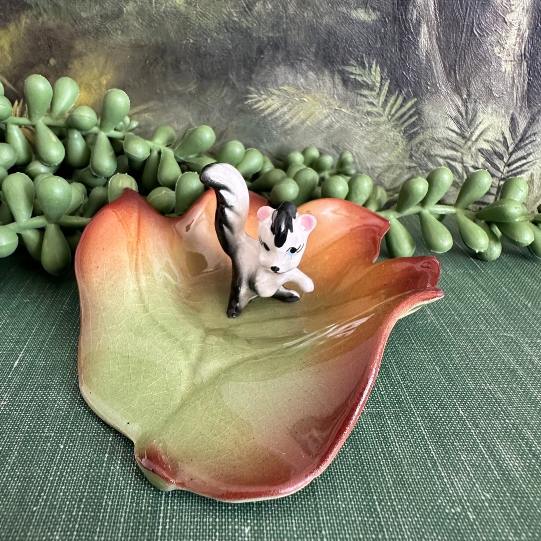 RARE Miniature Porcelain Skunk on Green Leaf Figurine - Etsy
