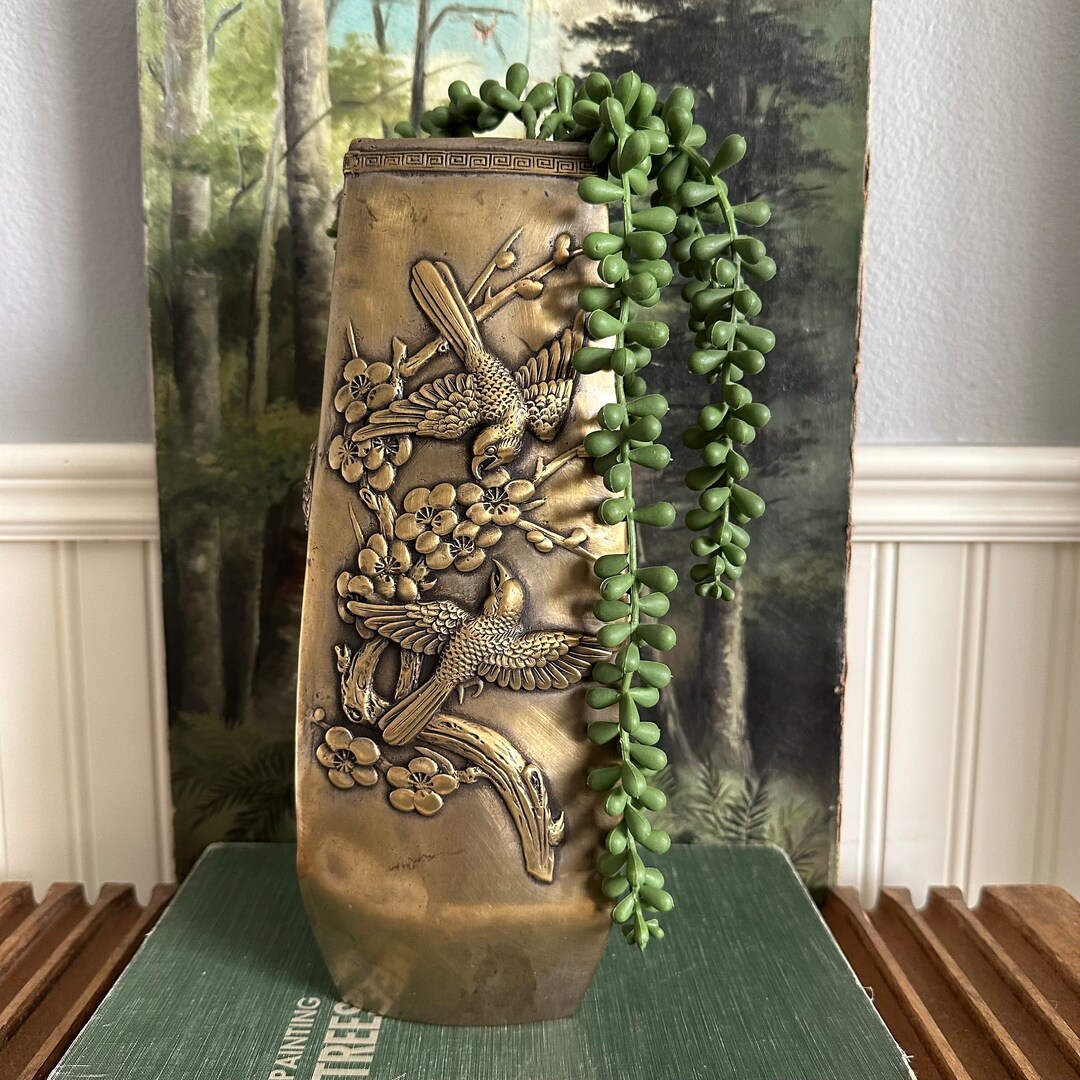 RARE Gorgeous Vintage Art Nouveau Metal Brass Triangle Shaped Vase With ...