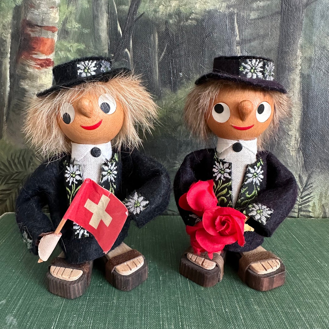Swiss Folk Art Wooden People Figures in Traditional Dress, Flag, Roses ...