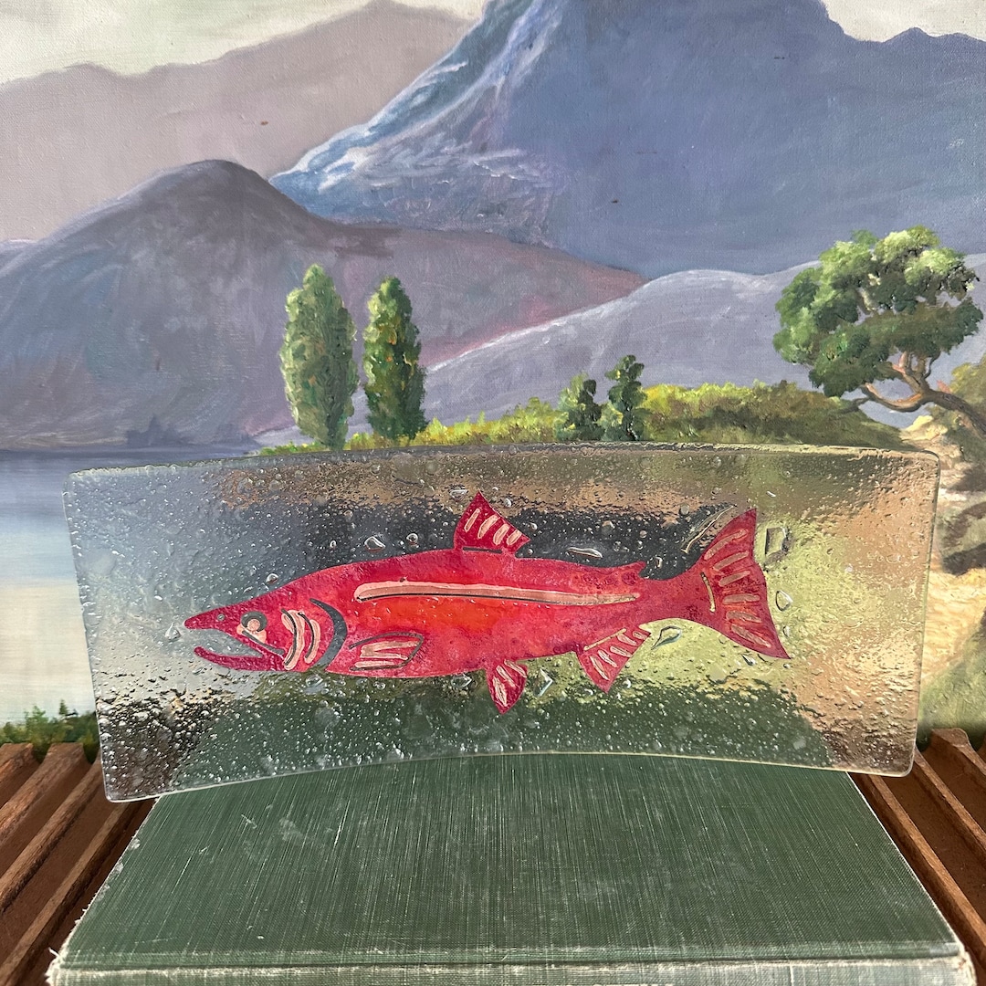 Jones Glassworks Seattle Fused Art Glass and Copper Salmon Fish Serving ...