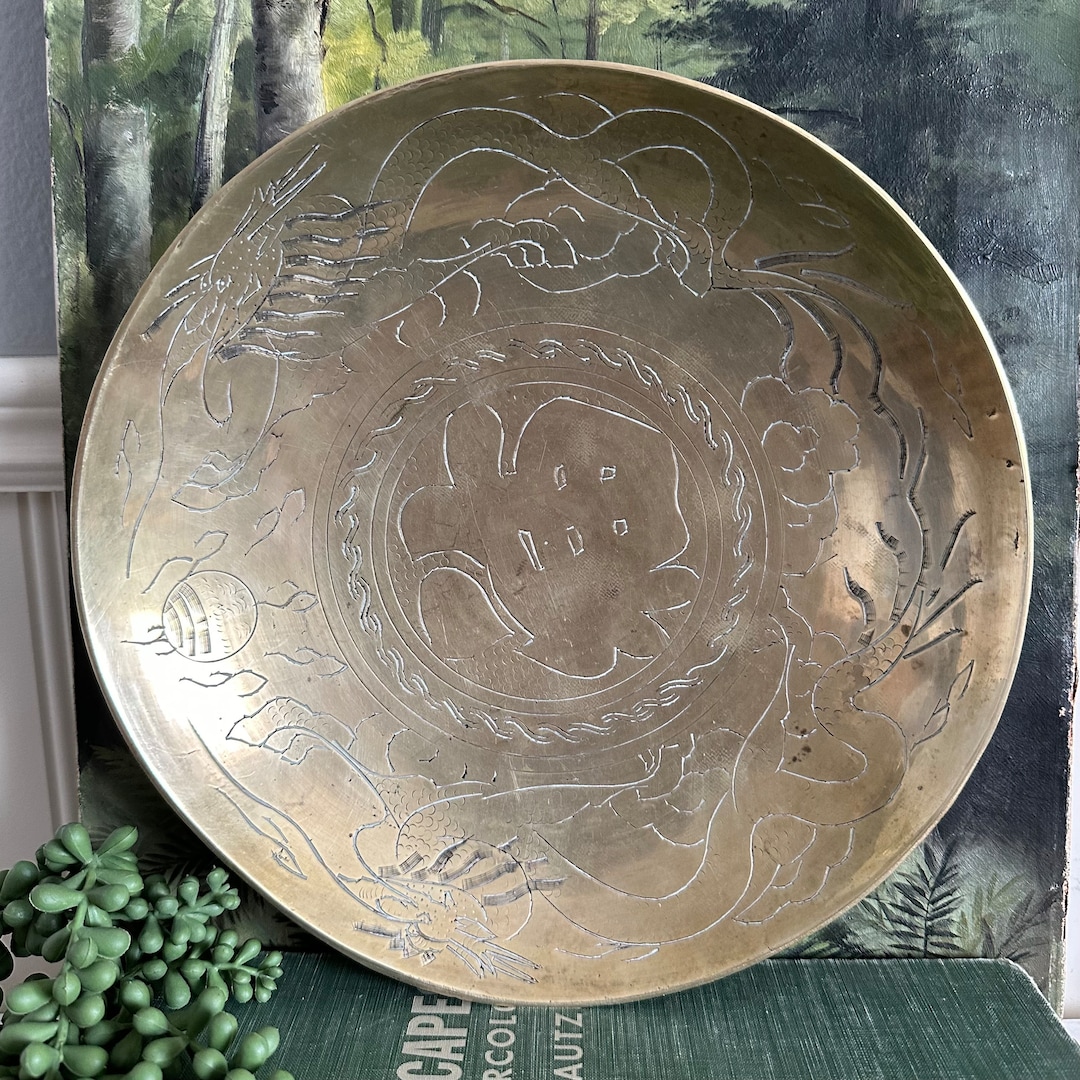 Beautiful Vintage Etched Brass Chinese Shallow Bowl Engraved With ...