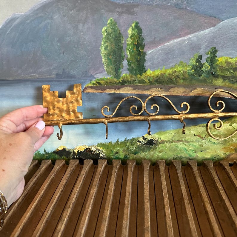 Vintage Spanish Style Gold Wrought Iron Key Coat Rack, Key Hooks, Brass ...