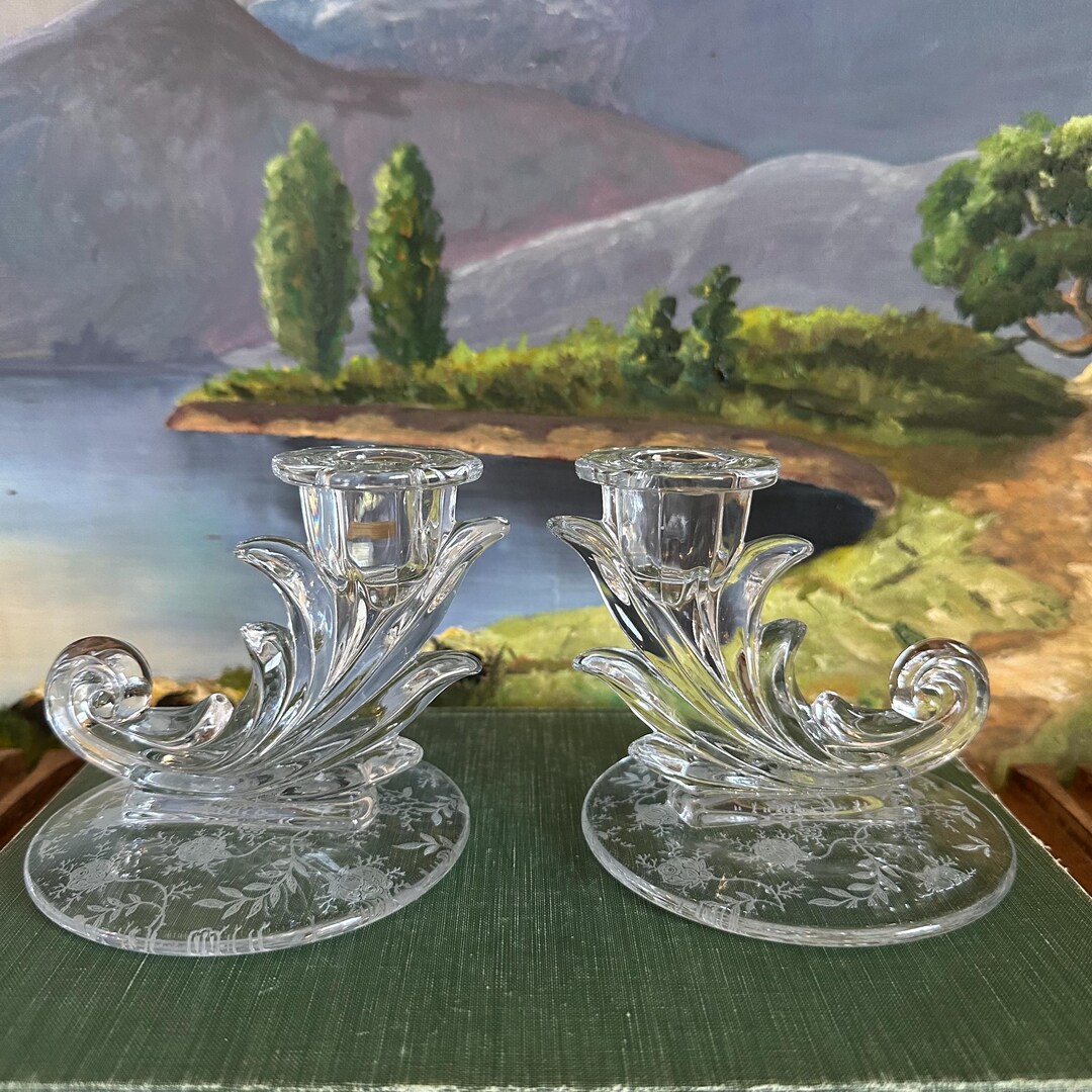 Pair of Vintage 1940’s Fostoria Baroque Cornucopia Flame Stem Clear ...