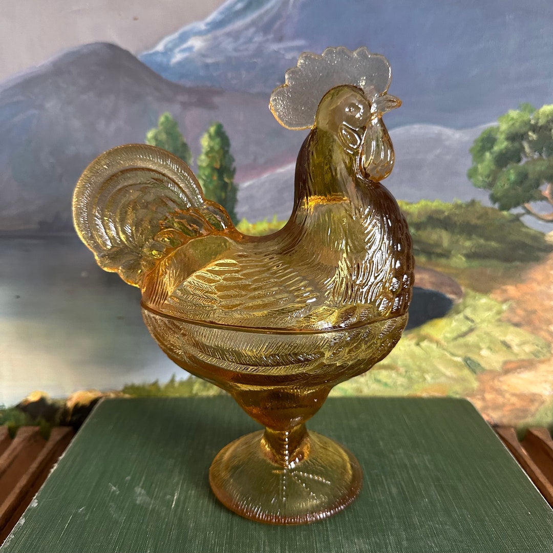 Vintage Amber Glass Lidded Rooster Pedestal Candy Dish, Glass Yellow ...