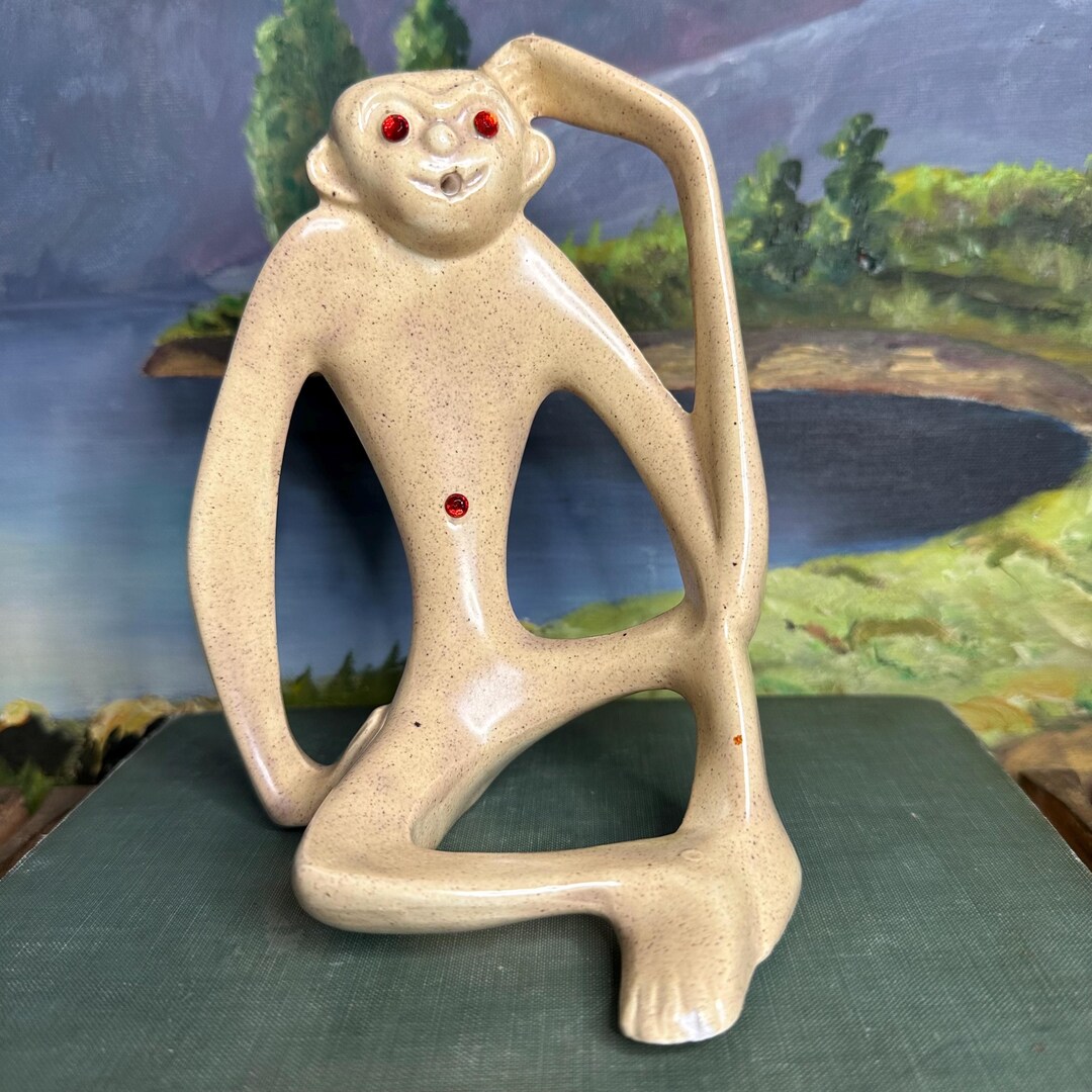 Vintage Ivory Abstract Modernist Monkey With Red Rhinestone Eyes and ...