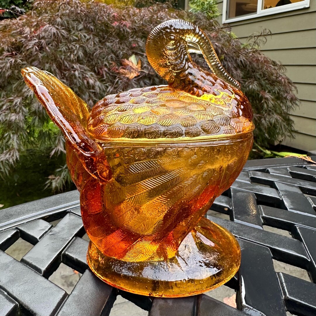 Vintage Amber Glass Lidded Turkey Dish, Turkey Candy Dish, Thanksgiving ...