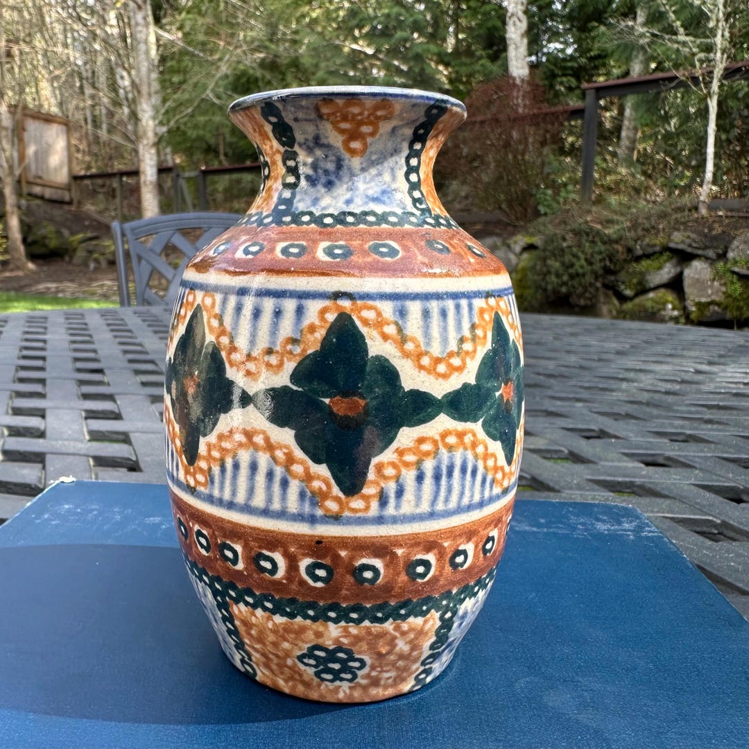 Antique German Pottery Vase, Batik Print, Paul Shreier Bunzlau Ceramics ...
