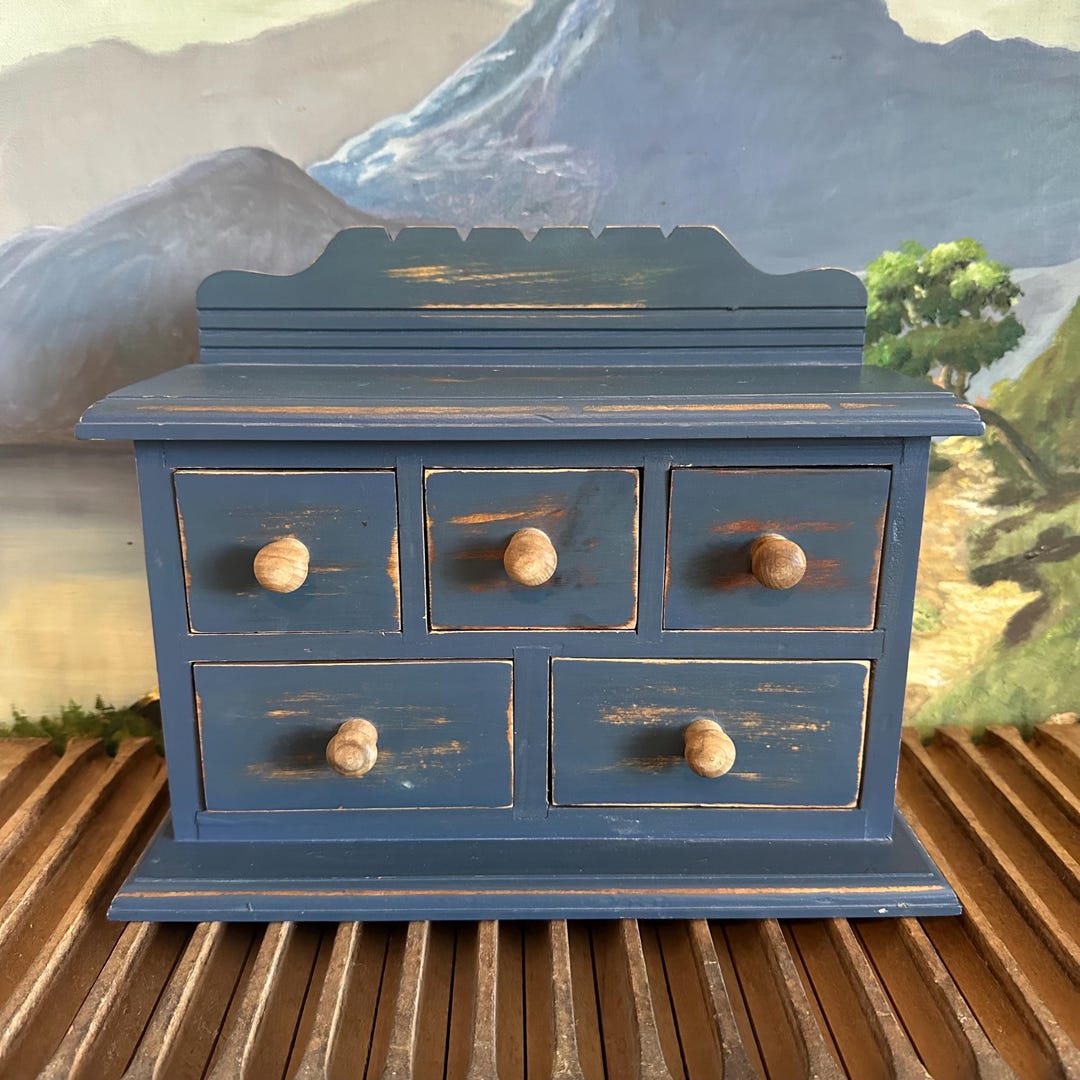 Vintage 5 Drawer Navy Blue Tabletop Chest, Spice, Apothecary, Country ...