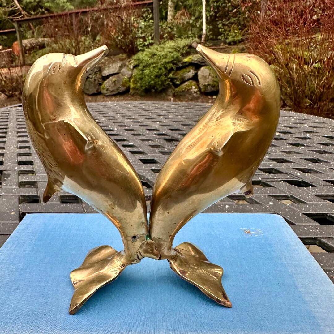 Gorgeous Mid Century Modern Heart Solid Brass Dancing Dolphins Figurine ...