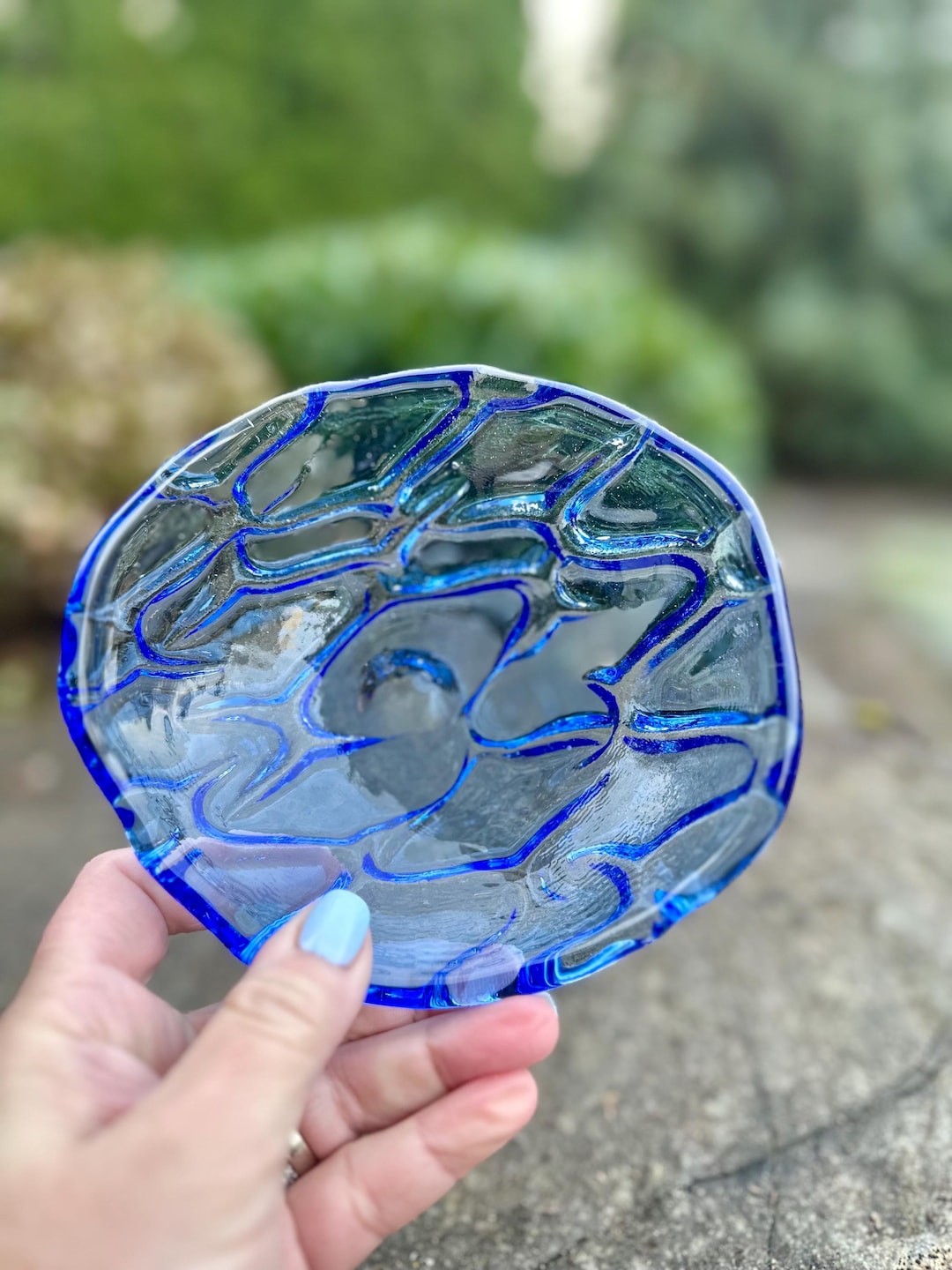 RARE Fire and Light Recycled Glass Blue Puka Wave Bowl, Hand Blown Art ...
