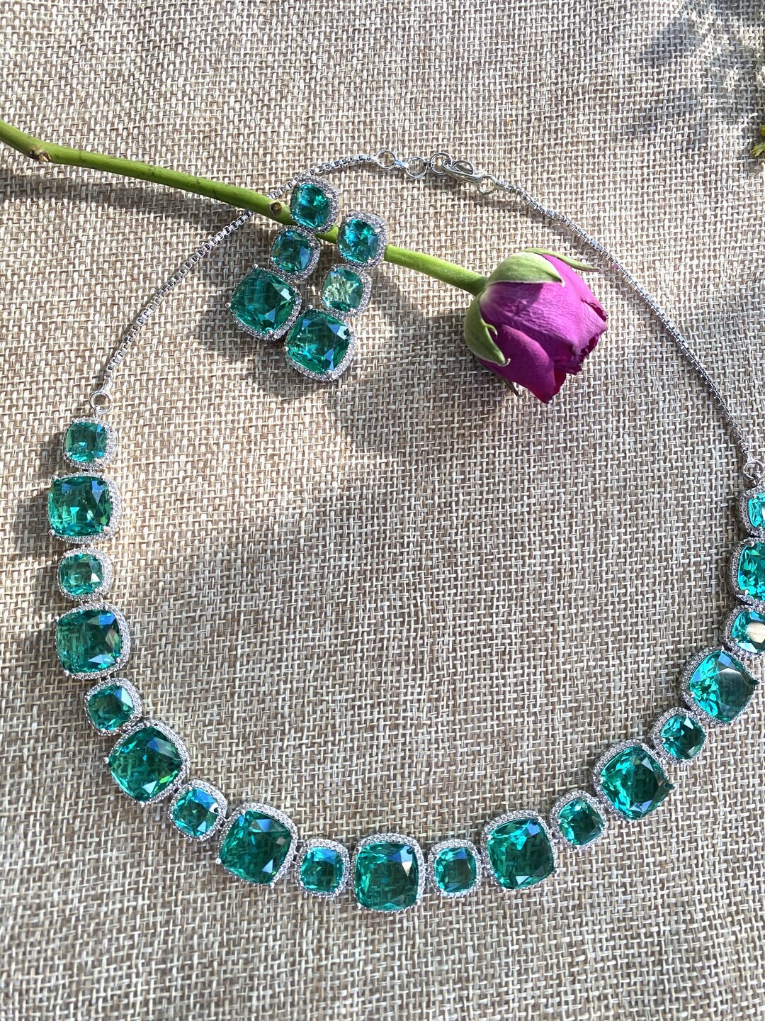 Teal Blur Green Sapphire Diamond Chrystal Indian Choker Necklace ...
