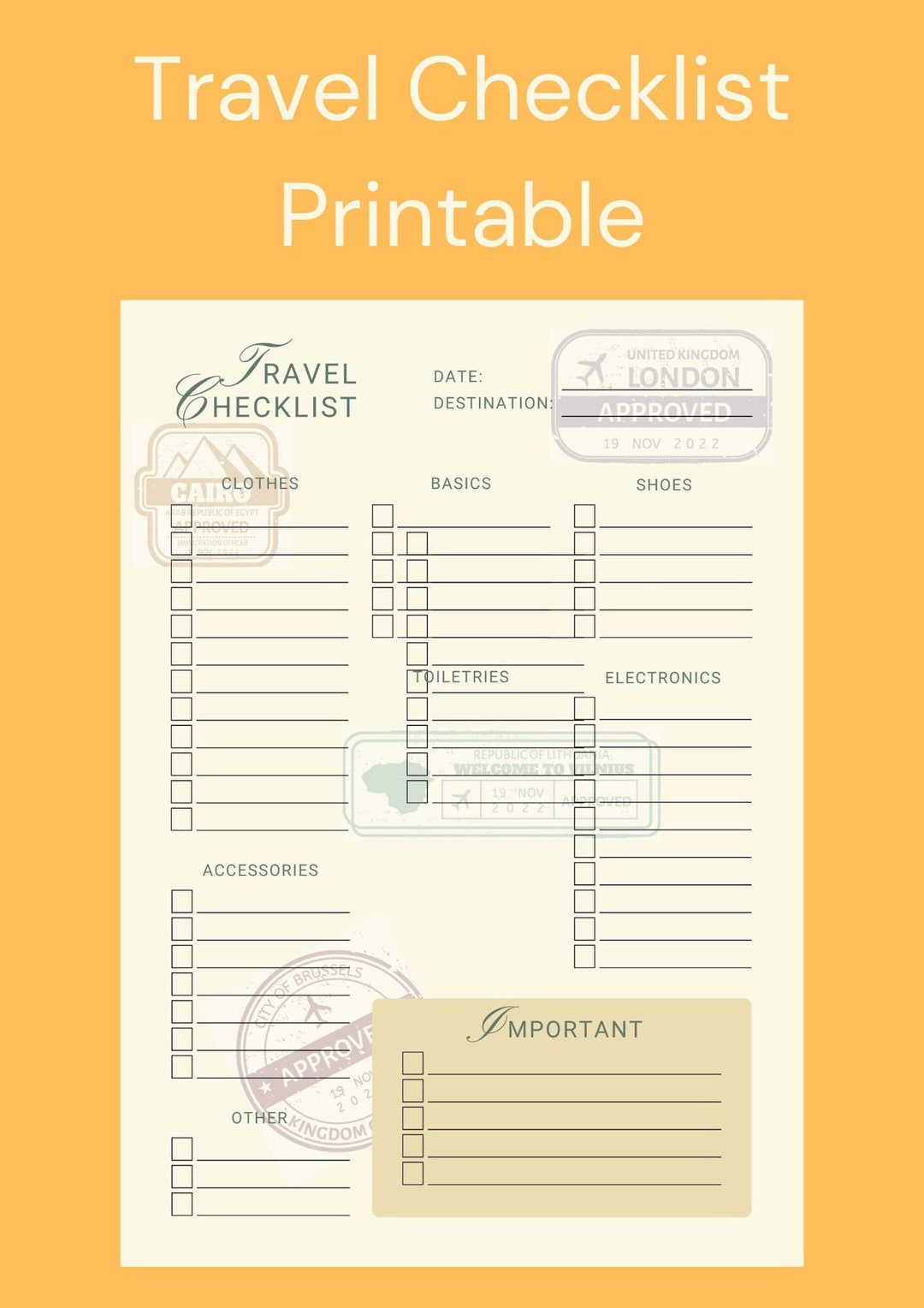 Travel Checklist Printable Travel Packing List Holiday Checklist Stamp ...