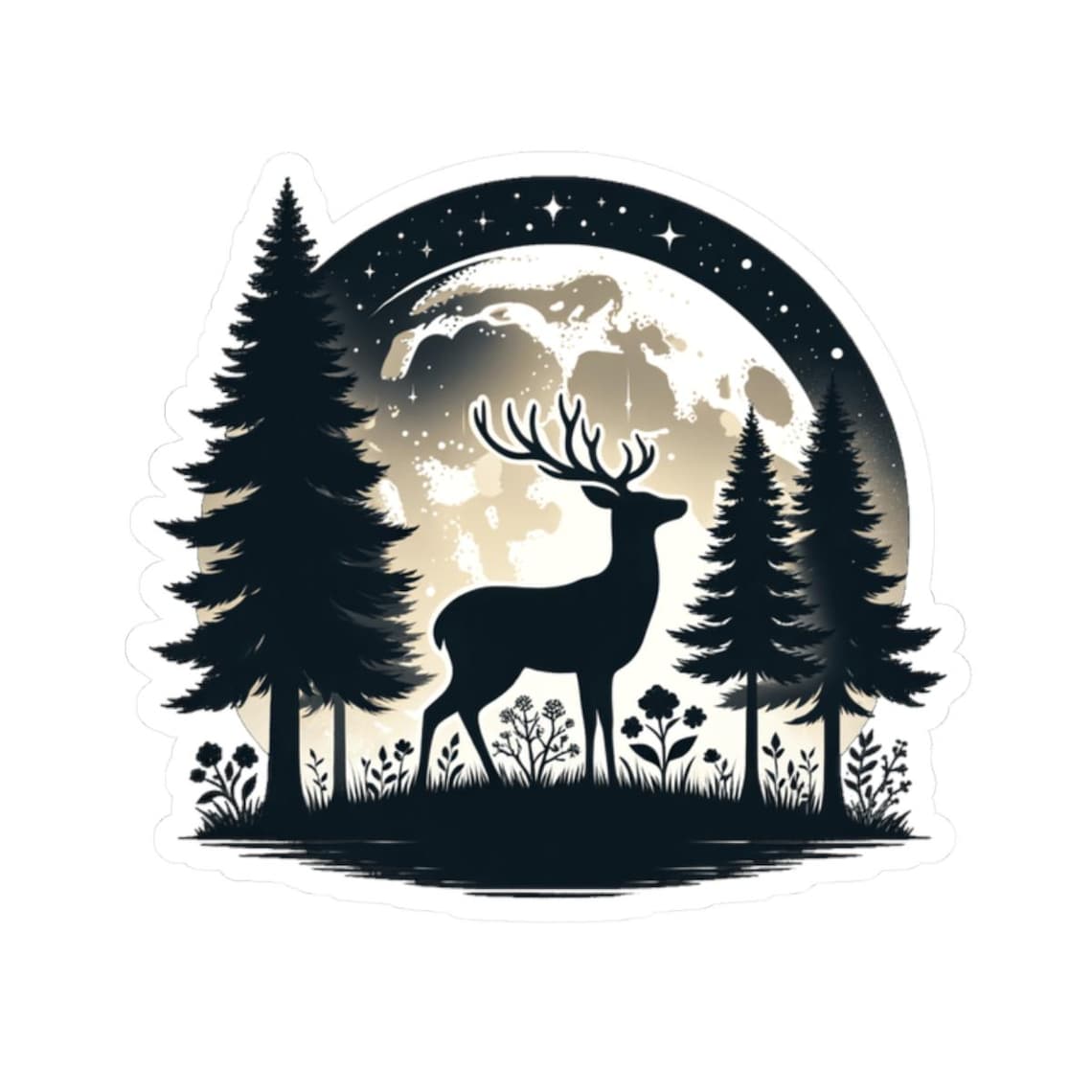 Elk Silhouette Forest Moon Kiss-cut Stickers, Nature Lover Gift, Laptop ...