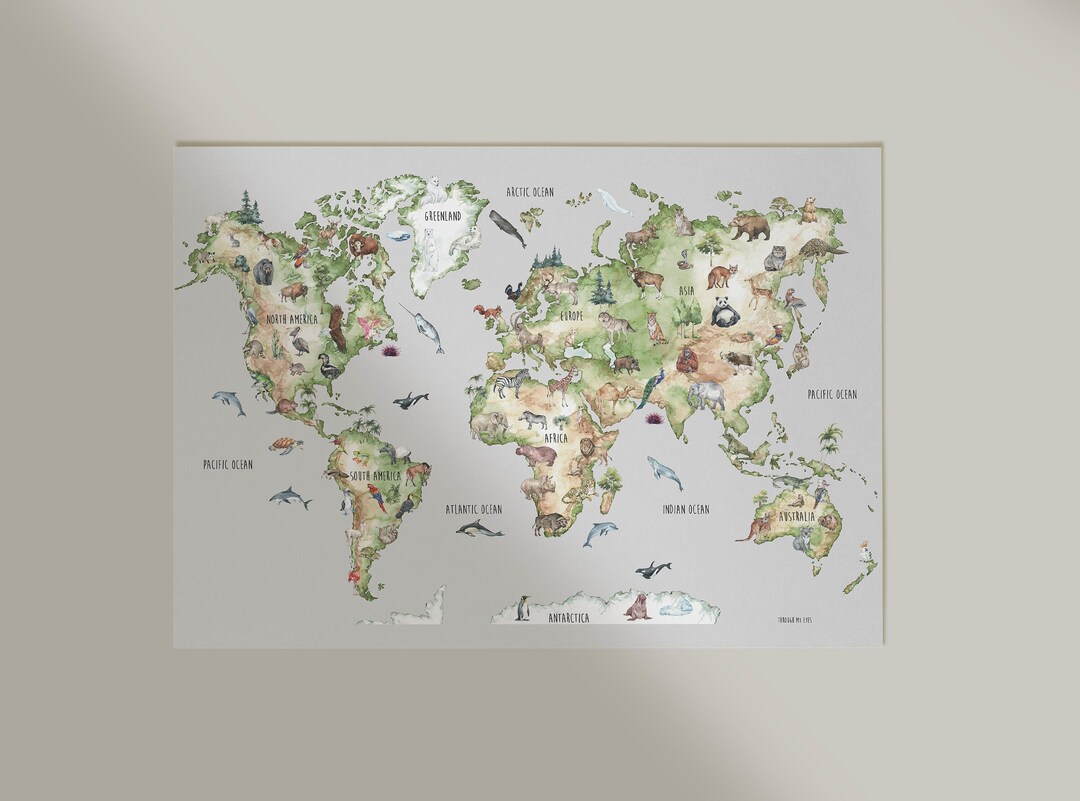 Watercolor World Map for Kids With Animals, Educational Continents ...