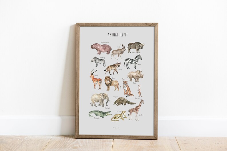 Digital Animal Life Watercolour Poster, Different Wild Animals, Bedroom ...