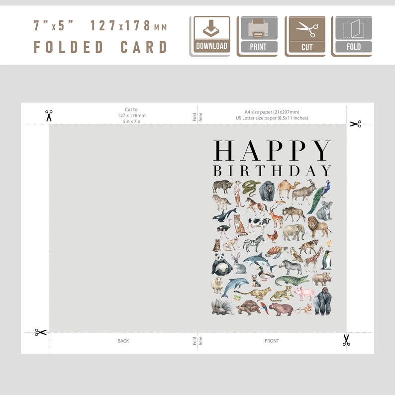Printable Animal Birthday Card: Watercolor Animals (digital Download ...