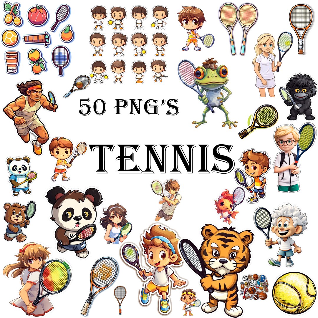 TENNIS MATCH Clipart and Papers Kit, Tennis Racket Ball Court Net Water ...