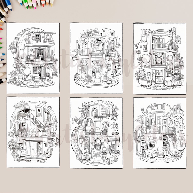 90 Cozy Pocket Homes Coloring Pages Printable PDF PNG Building - Etsy