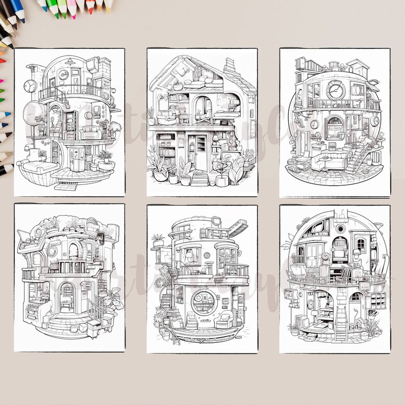 90 Cozy Pocket Homes Coloring Pages Printable PDF PNG Building - Etsy