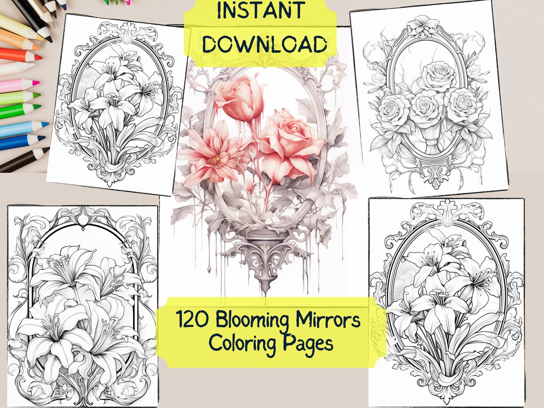120 Blooming Mirrors Coloring Pages for Adults and Kids Flower - Etsy