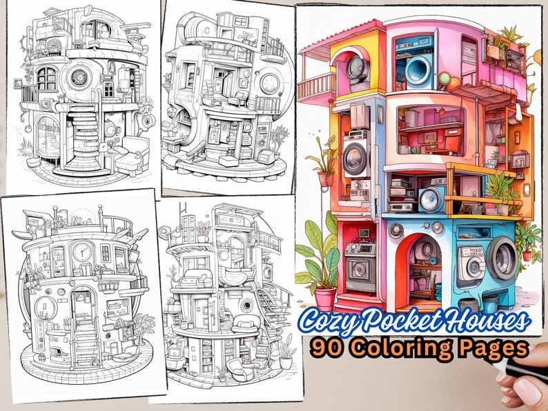 90 Cozy Pocket Homes Coloring Pages Printable PDF PNG Building - Etsy
